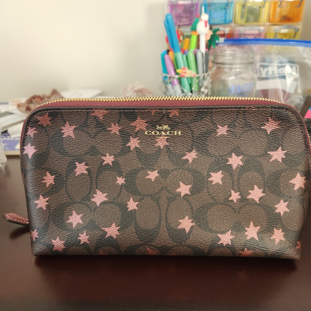 Coach Signature Brown With Pink Stars Leather Cosmeti… - Gem